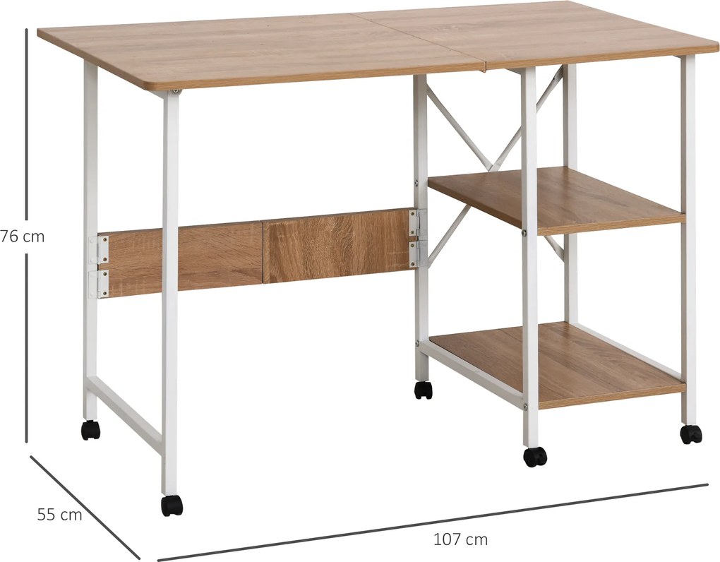 HOMCOM Skládací stůl Pojízdný stůl na kolečkách, odkládací stolek, MDF, přírodní, 107x55x76cm