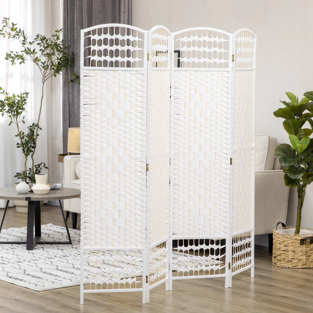 HOMCOM Skládací Předěl s 4 Panely 160x170 cm, S Rámem z Dřeva a Papírovým Provázkem pro Ložnici a Obývací Pokoj - Bílá