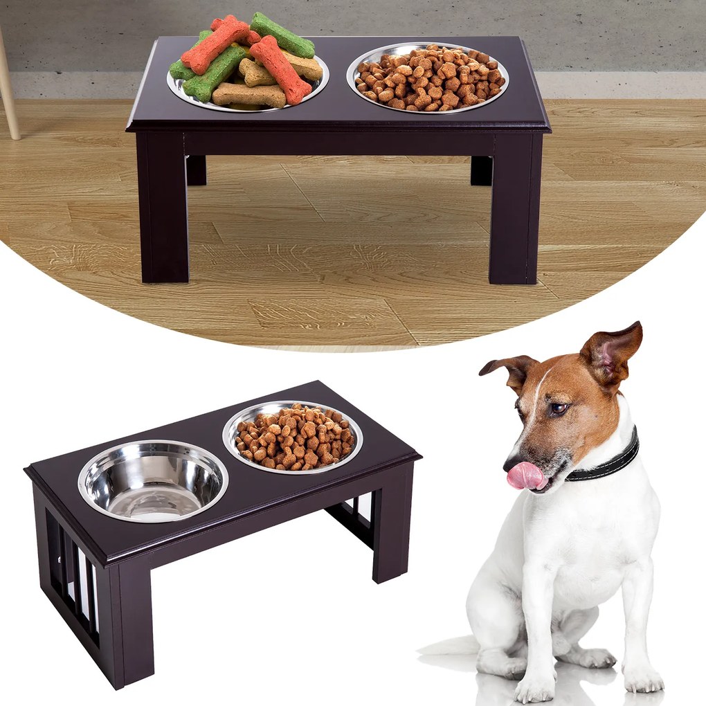 PawHut Vyvýšená miska pro psy s nerezovými miskami, miska na krmivo z MDF v barvě kávy, 58,4 x 30,5 x 25,4 cm, ideální pro domácí zvířata
