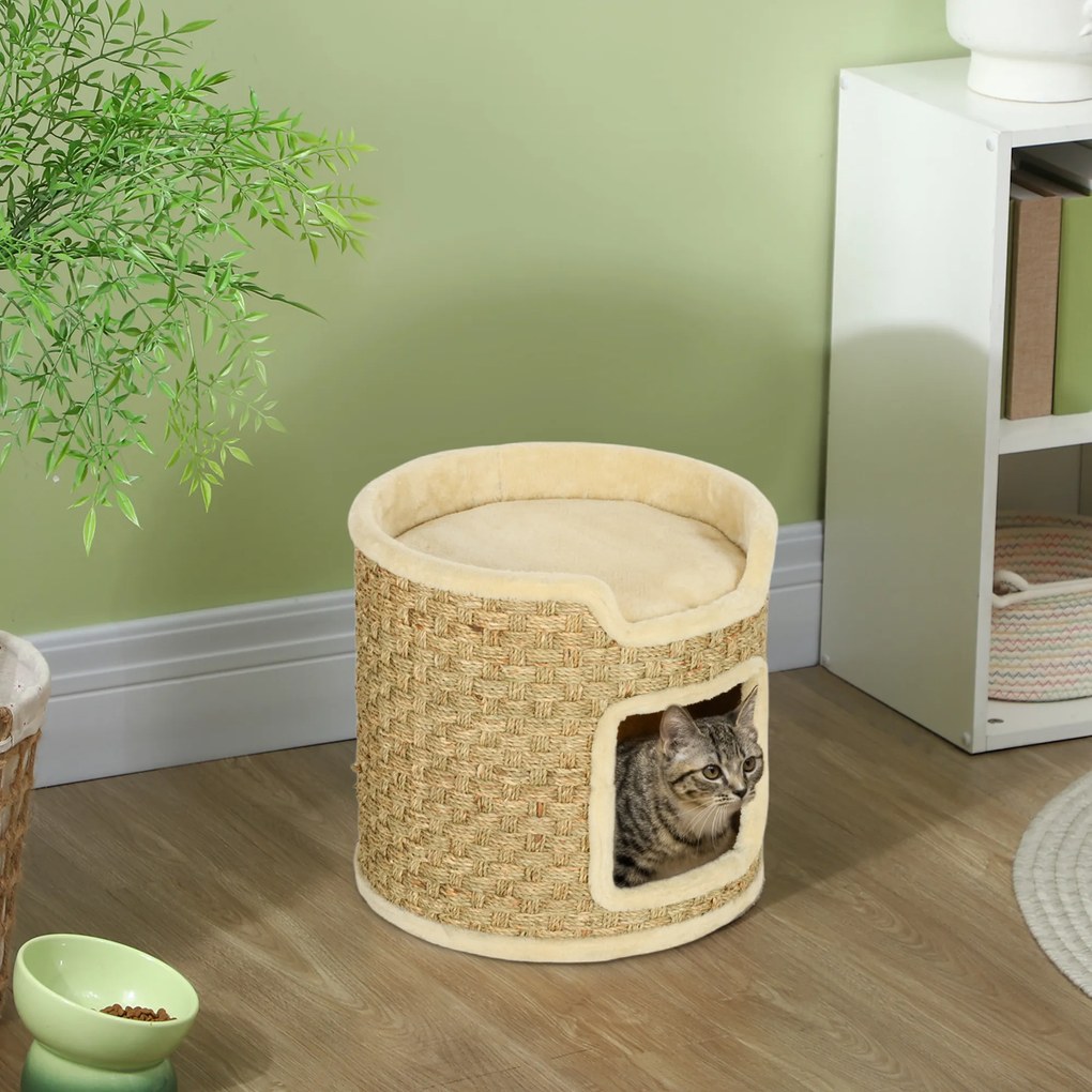 PawHut škrabadlo, 37 cm vysoké škrabadlo pro kočky s dvířky, dvoupatrové škrabadlo, věž pro kočky ze sisalu, pro kočky do 5 kg, khaki