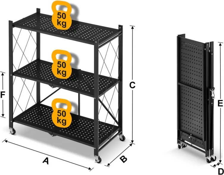Kovový regál 70x35x87 cm 3 police lakovaný mobilní HIGHER CJ01-03