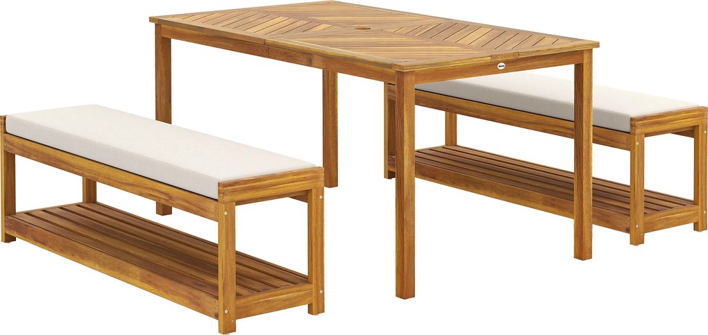 3dílná sada zahradního nábytku, sedací souprava včetně 1 jídelního stolu s otvorem pro slunečník, 2 lavice 150 x 85 x 75 cm teakové dřevo