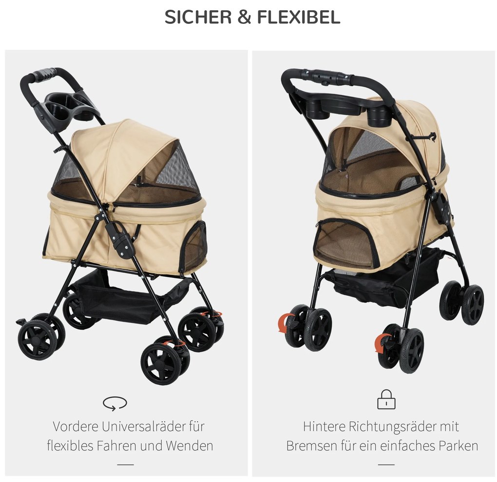 PawHut kočárek pro psy skládací funkční kočárek pro malé psy kočky kočárek pro domácí mazlíčky Oxford Khaki 67x45x96cm |