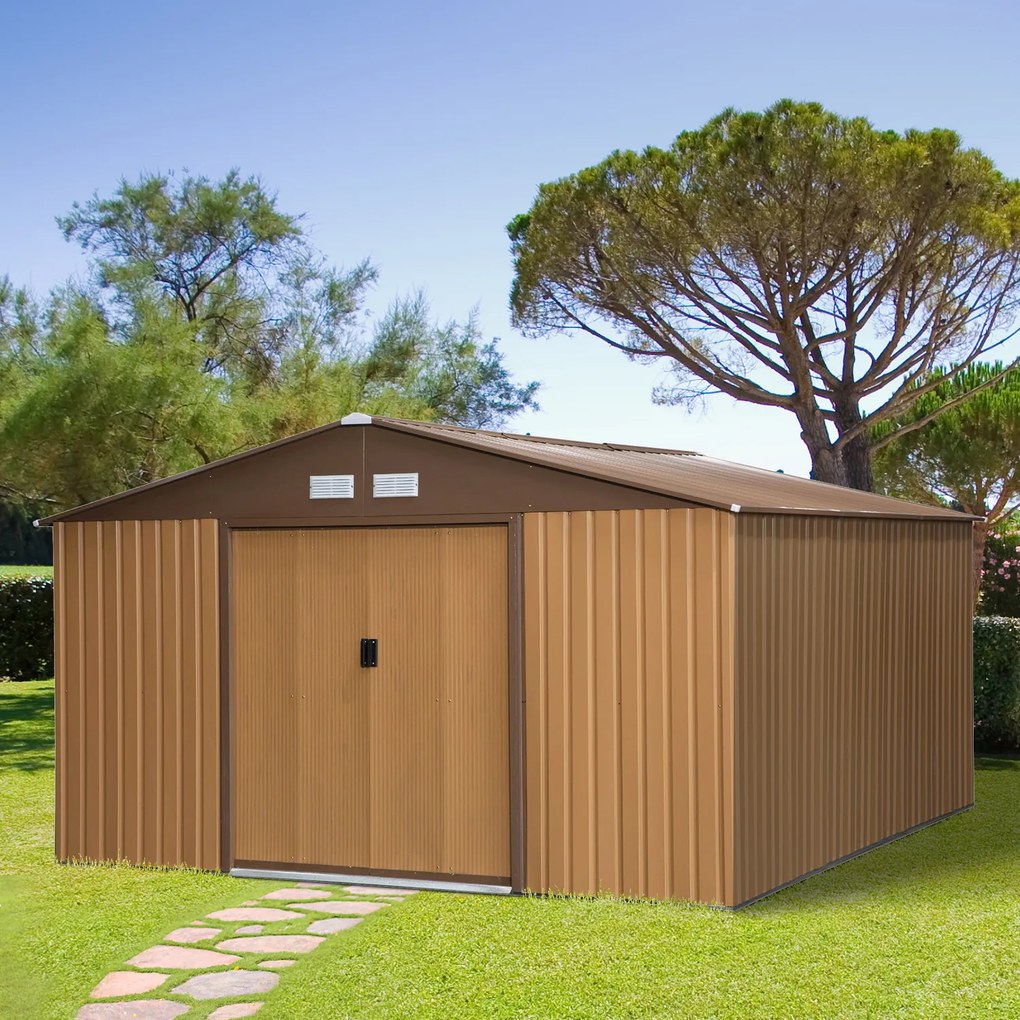 Koupit kůlnu na nářadí Outsunny, 340 x 386 x 200 cm, se základovou deskou, kůlna na nářadí, zahradní kůlna, zahradní domek, kov, hnědá