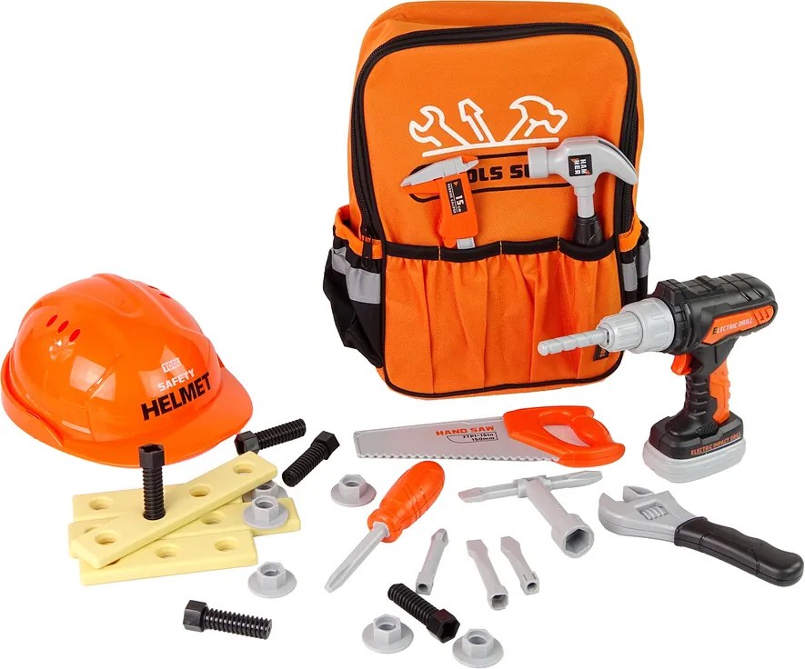 LEAN Toys Sada pro kutily v batohu – přilba a nářadí, oranžová