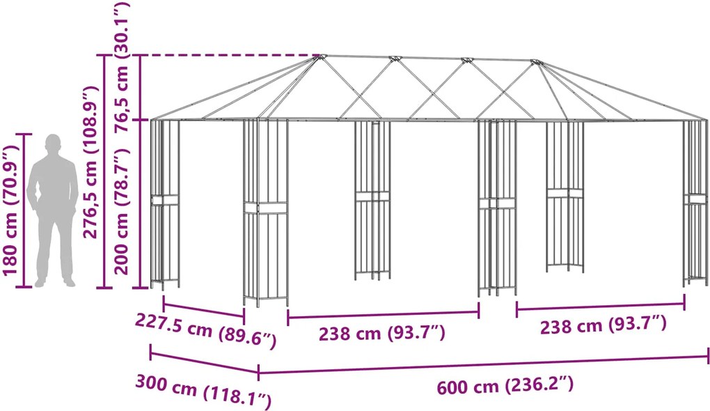 Rám altánu bez látky altánu 6 x 3 m Černá Ocel 3375981