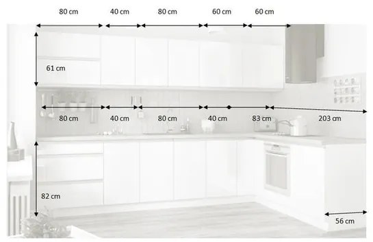 Rohová kuchyně Maya levý roh 323x203 cm (bílá vysoký lesk/dub)
