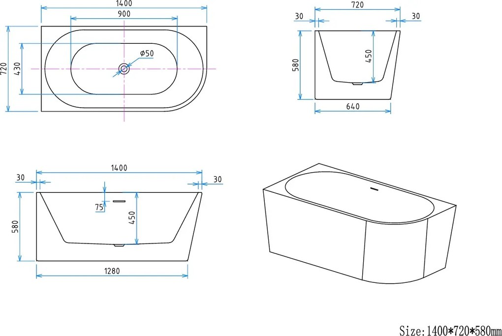 Erga Zara, rohová volně stojící vana 140x72 cm + odtoková zátka, levá, bílá lesklá, ERG-ZARA-140072L-WH-WH