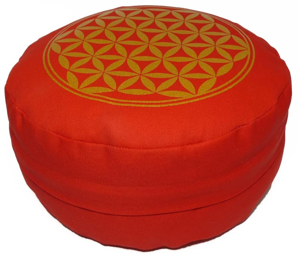 S radostí - vlastní výroba Meditační polštář se zlatým Květem života - červený Velikost: ∅30 x v18 cm