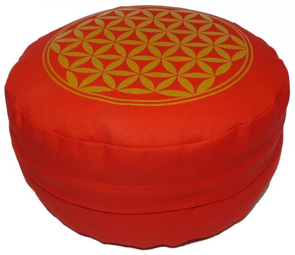 S radostí - vlastní výroba Meditační polštář se zlatým Květem života - červený Velikost: ∅35 x v12 cm