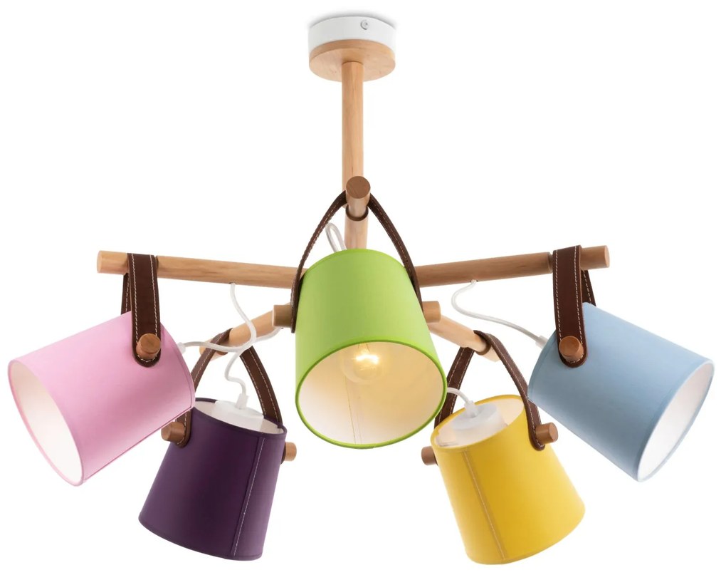 Light for home - Lustr na tyči s dřevěnými prvky a koženými řemínky  60655 "RIONI", 5x40W, E27, bílá, přírodní olše, hnědá kůže