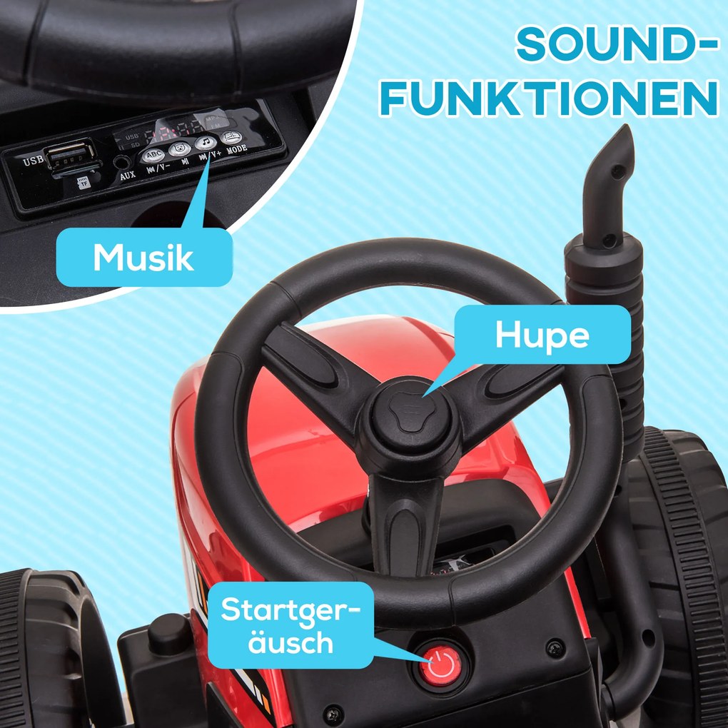 HOMCOM Elektrický tahač Dětské elektrické auto s přívěsem, dálkové ovládání, MP3, světlomety, 3-6KM/H, červené