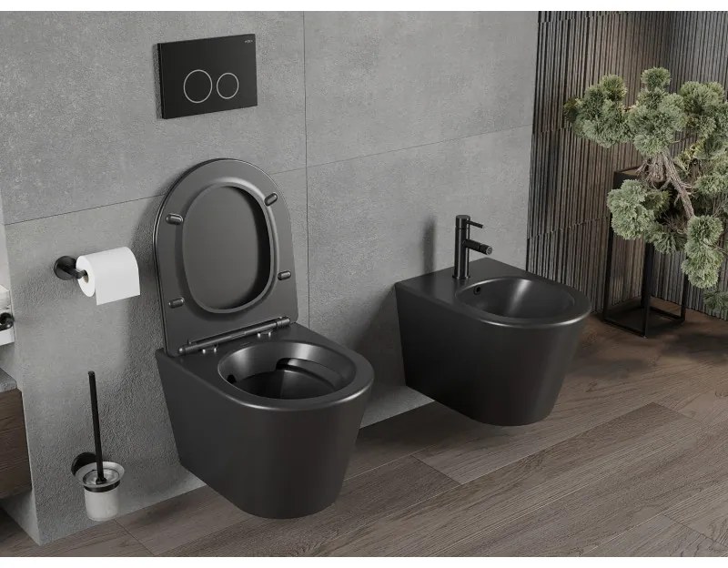 Mexen Rico závěsné wc Rimless s toaletním Slim sedátkem z duroplastu, černá matná - 30721085