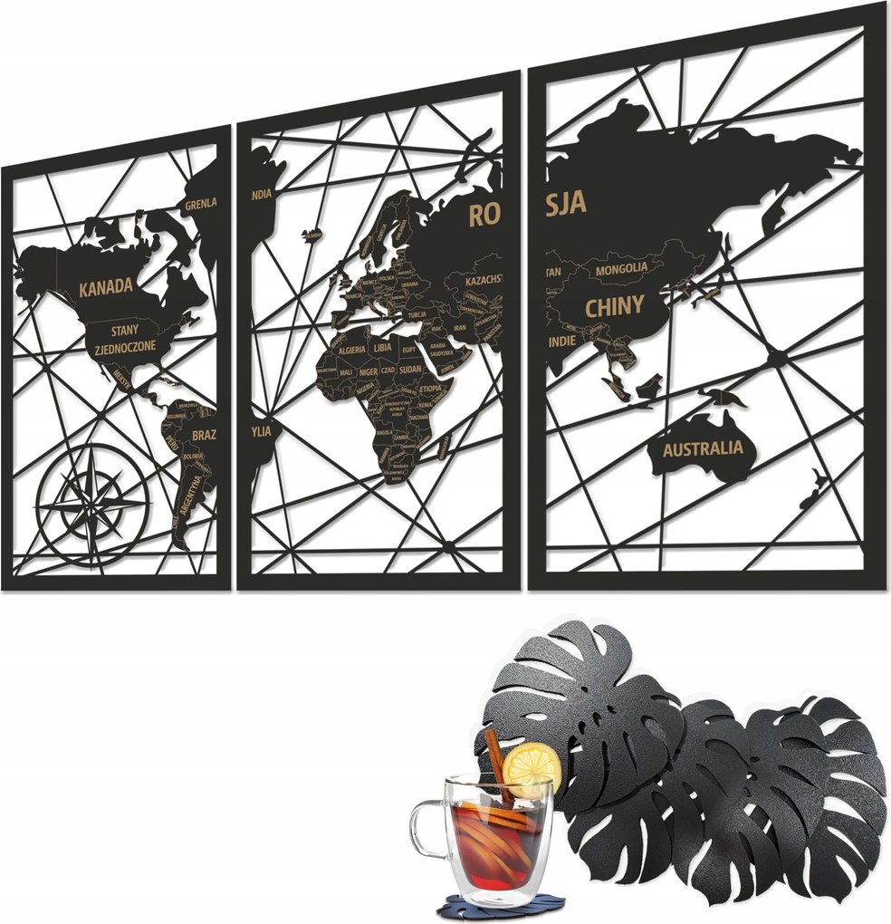 Obraz na zeď Nástěnný panel Triptych Dřevěná mapa světa 70x130