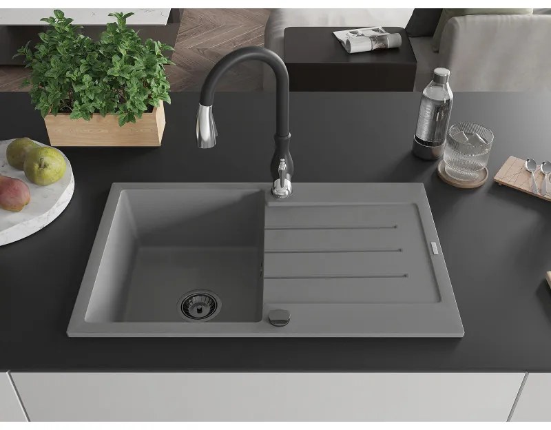 Mexen Bruno, 1-komorový granitový dřez 795x495x200 mm a dřezová baterie Savita, šedá, 6513-71-672601-70-B