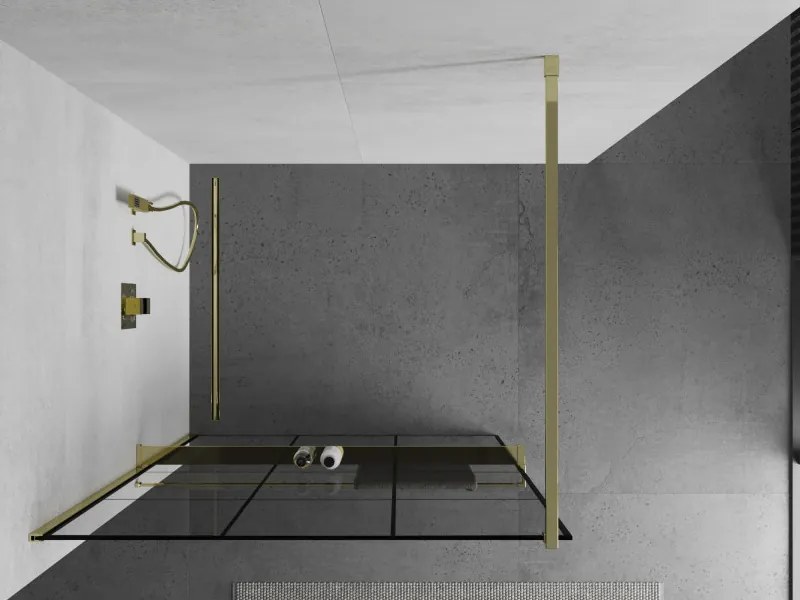 Mexen Kioto+, sprchová zástěna s poličkou a držákem na ručníky 110 x 200 cm, 8mm čiré sklo vzor černý, zlatý profil, 800-110-121-50-77