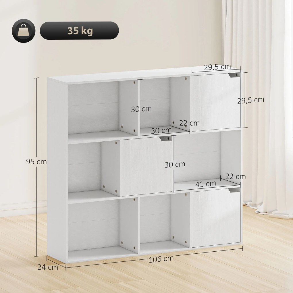 HOMCOM regál 9 přihrádek se 3 dveřmi, 106 x 24 x 95 cm, bílý