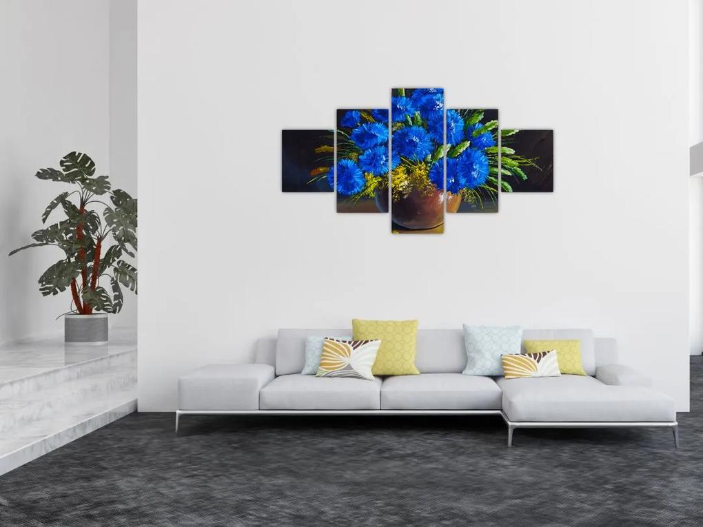 Obraz modrých květů ve váze (125x70 cm)
