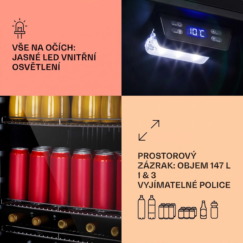 Klarstein Beersafe 5XL, lednice, 147 l, 3 police, panoramatické skleněné dveře, nerezová ocel