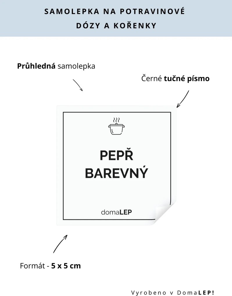 Samolepka na kořenky PEPŘ BAREVNÝ průhledná 5 × 5 cm tučné písmo