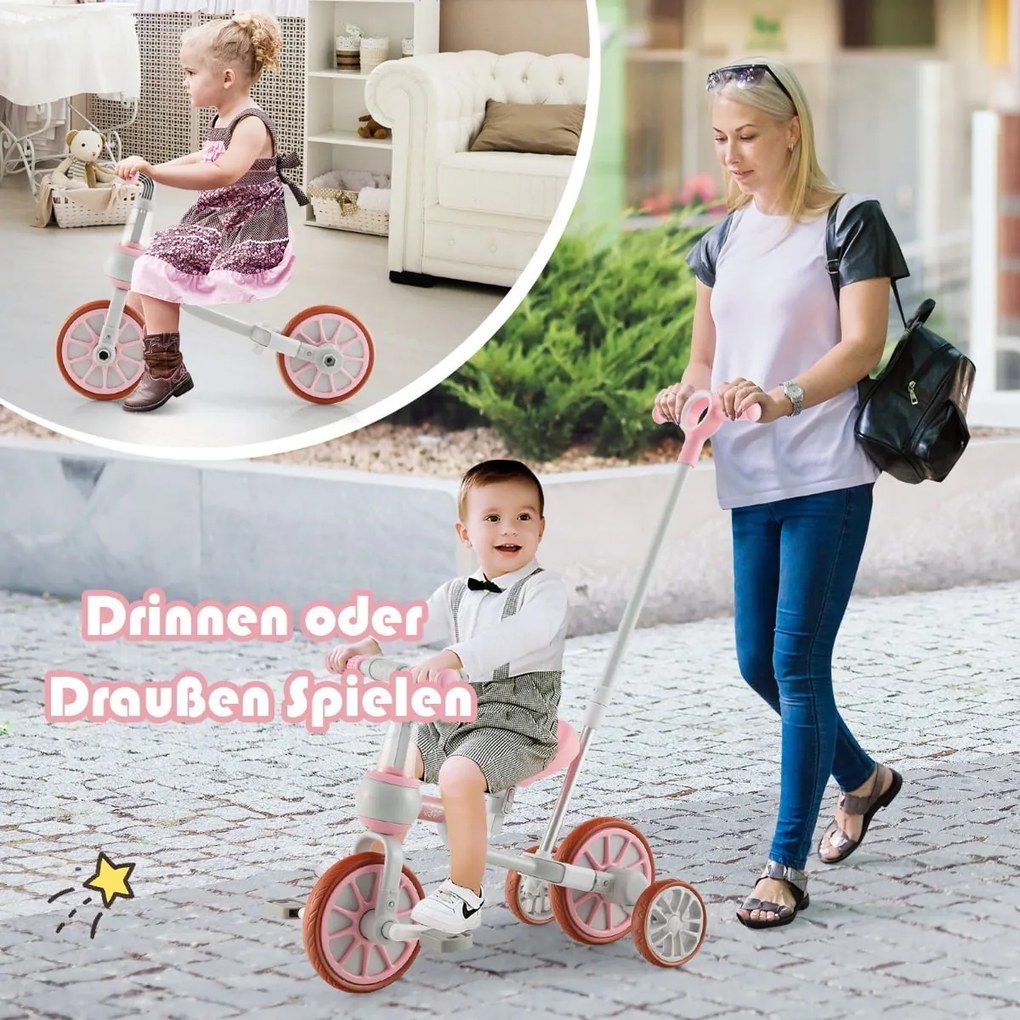 Costway Dětské kolo 4 v 1 předškolní kolo s rukojetí pro rodiče růžové, růžový