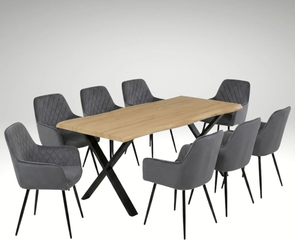Vikio Jídelní set pro 8 osob 180x90 cm soft dub noha X šedá židle s područkami VJS228-8S