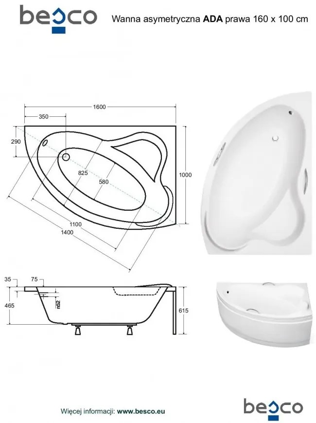 BESCO Asymetrická vana ADA Nožičky k vaně - Bez nožiček, Rozměr vany - 160 × 100 cm, Způsob provedení - Pravé VANADA160P