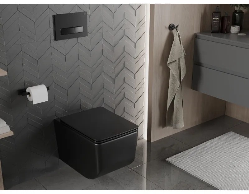 Mexen Vera, závěsné WC Rimless 51 x 36 cm s pomalu padajícím sedátkem z duroplastu, černá matná, 30164070