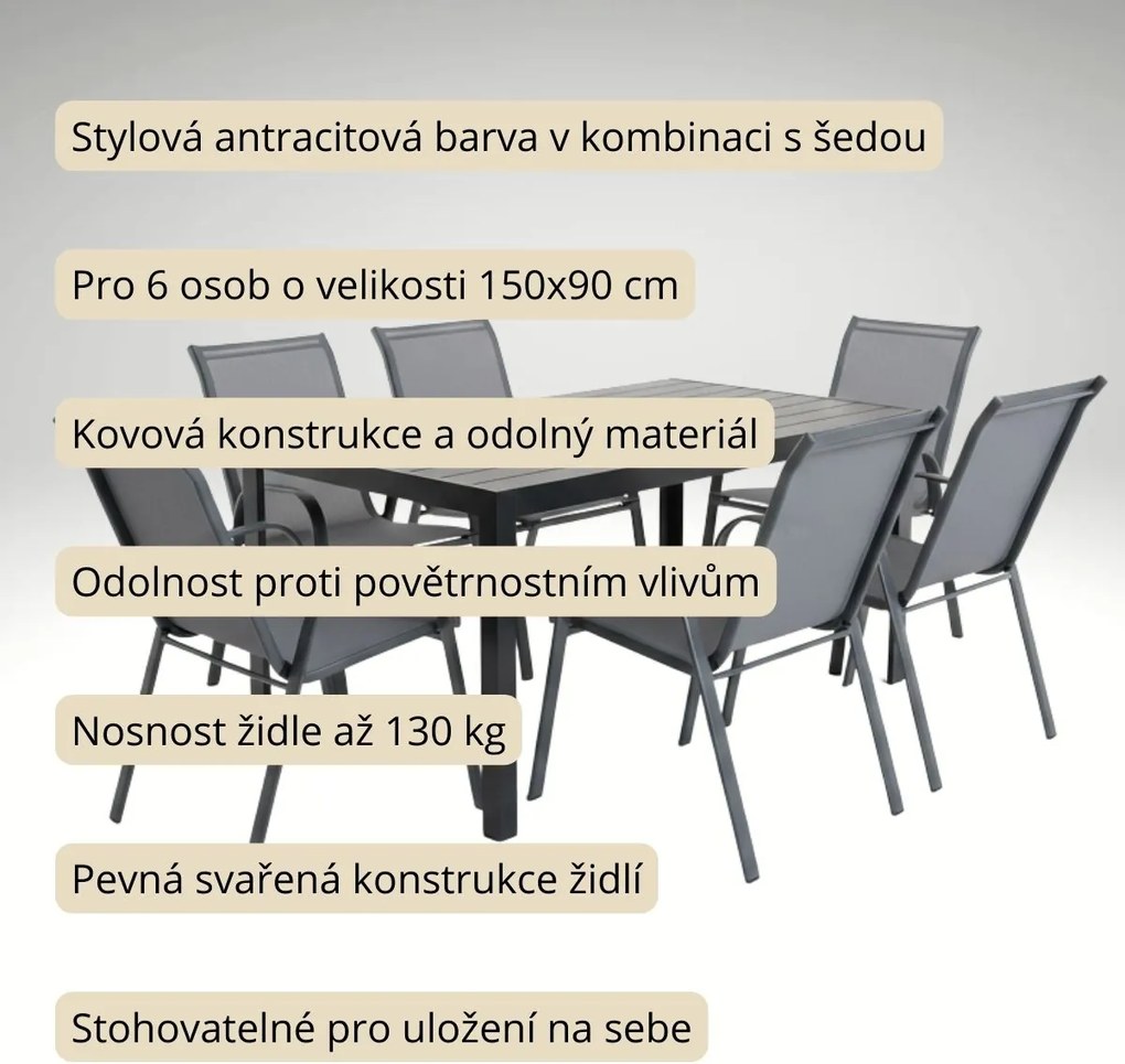 Vikio Zahradní set 150x90 pro 6 osob DK304S antracit/šedá