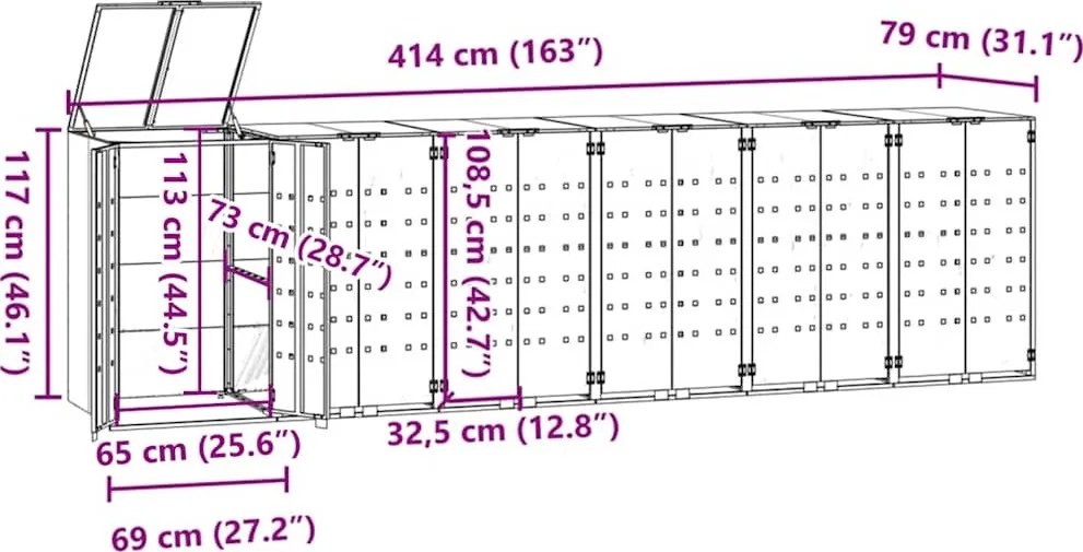 vidaXL Box na 6 popelnic 414 x 79 x 117 cm ocel [3279981] Barva: antracitová