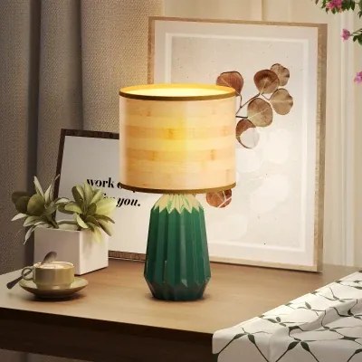 HOMCOM stolní lampa s keramickým podstavcem a lněným stínidlem v retro stylu do ložnice 40 W zelená a přírodní dřevo