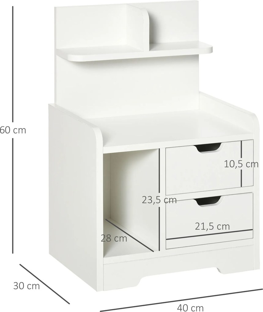 HOMCOM Moderní noční stolek s 2 šuplíky a 3 úložnými prostory pro obývací pokoj a ložnici, nosnost 30 kg, 40x30x60 cm, bílý