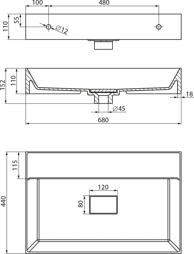 Sapho GODIVA umyvadlo 68 x 44cm, bez otvoru, litý mramor, bílá GU068-0