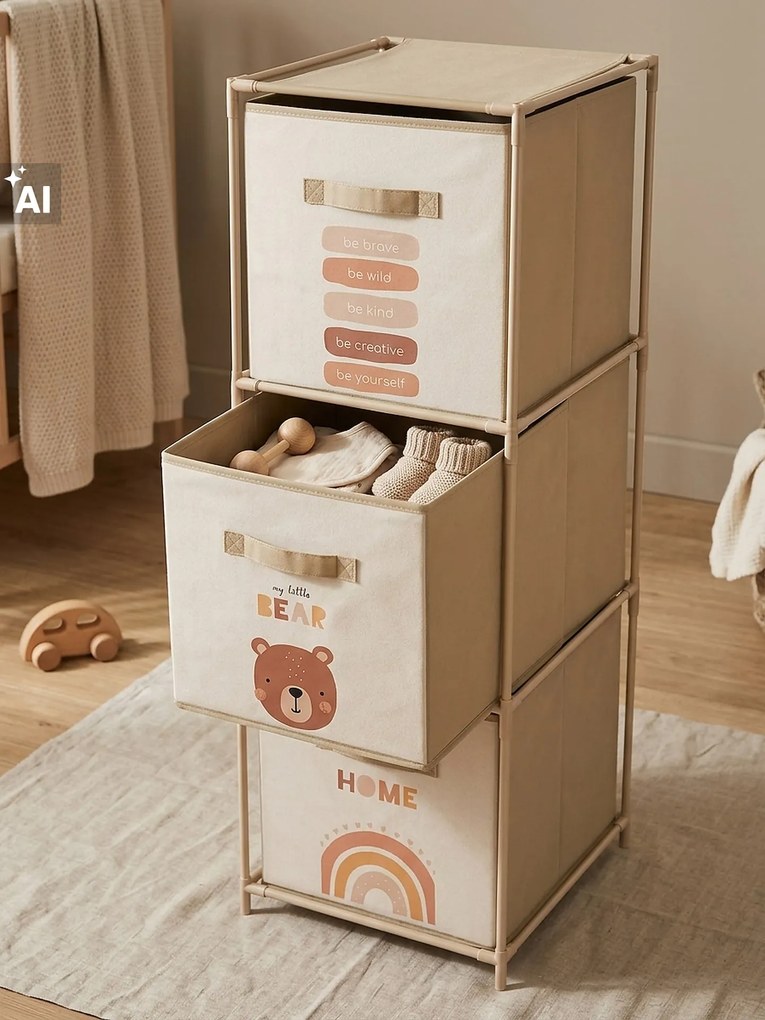 Sinsay - Dětský regál s látkovými úložnými boxy s potiskem medvídka a duhy - béžová