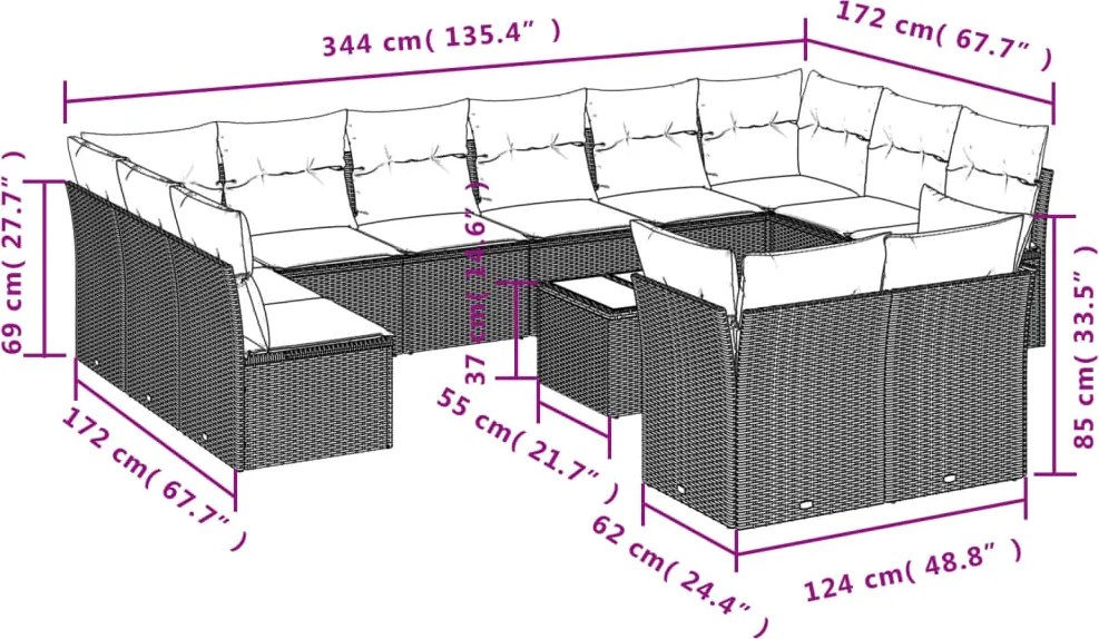 13dílná zahradní sedací souprava s poduškami šedá polyratan 3218440