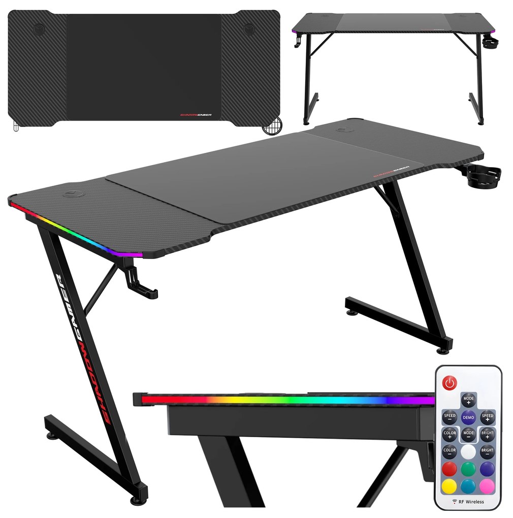 Herní stůl SHADOW GAMER 2.0 140 cm LED RGB černý