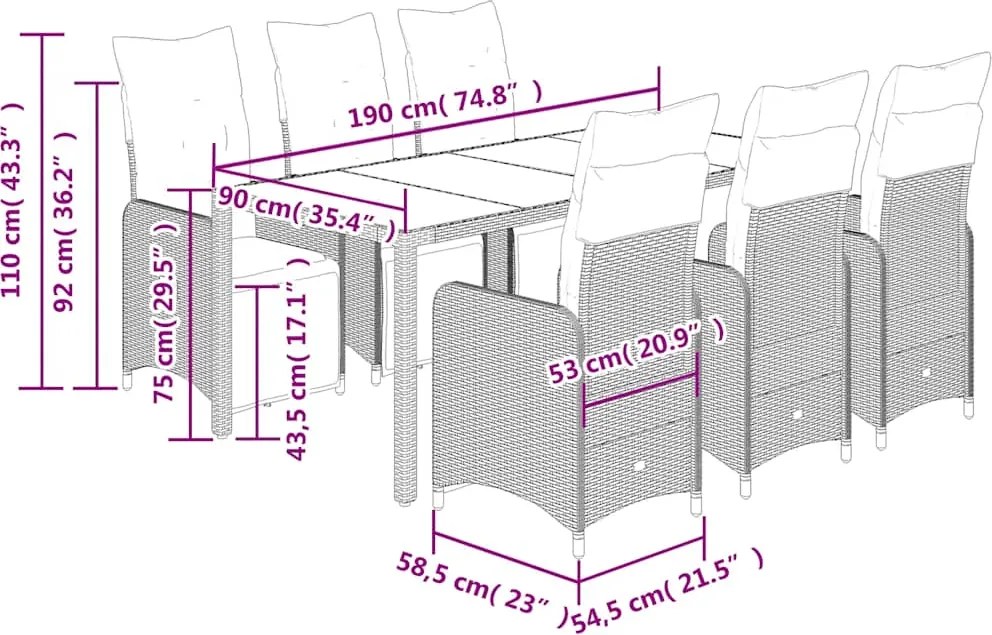 7dílný zahradní bistro set s poduškami šedý polyratan 3277169