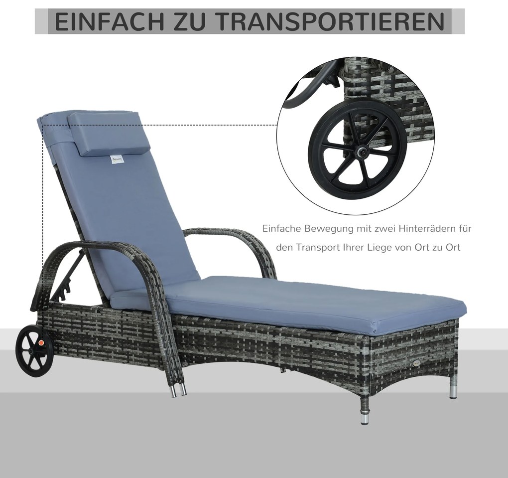 Zahradní nábytek Outsunny zahradní lehátko s poduškou, polyratan a kov, šedé, nastavitelné 200x73x30-103cm pro zahradu a terasu | Aosom.de