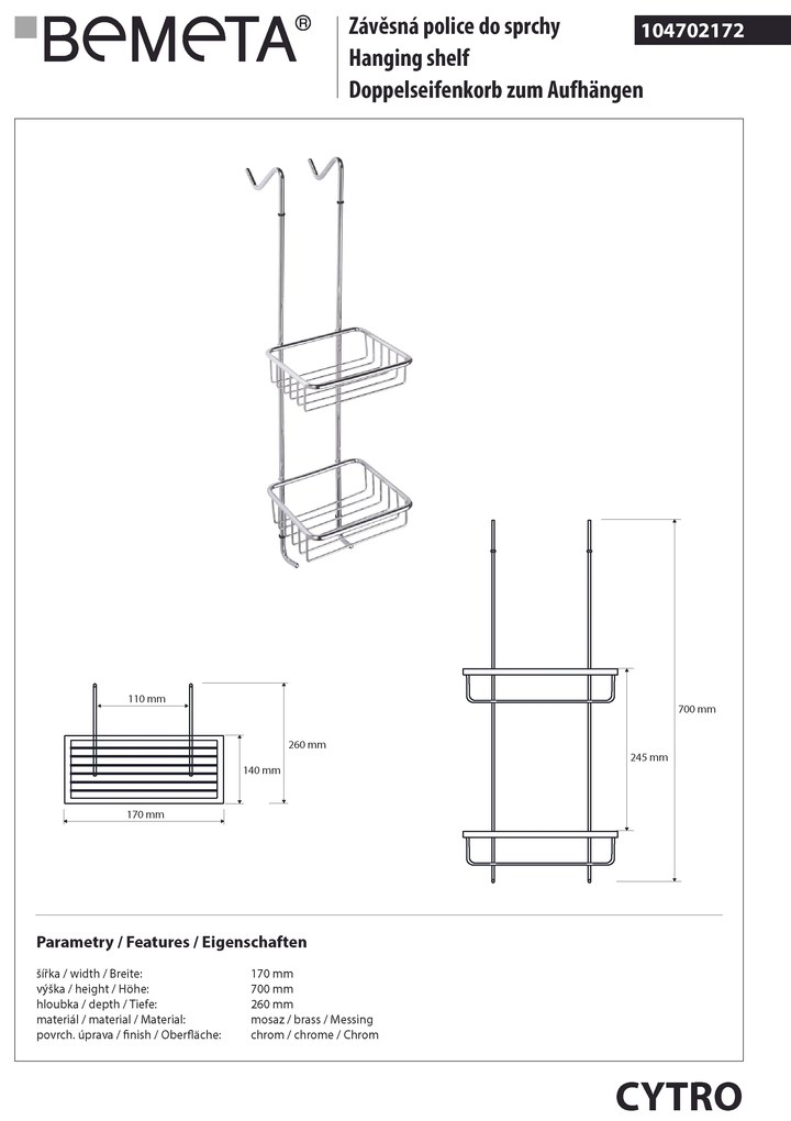 Bemeta Design CYTRO: Polička, do sprchy, závěsná, lesk - 104702172