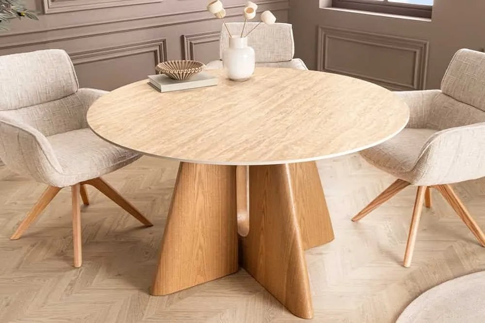 Kulatý keramický jídelní stůl Yenibeth 120 cm travertin / dub