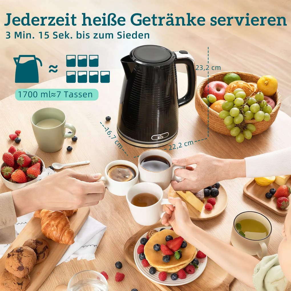 HOMCOM Sada konvice a toustovače, 2200 W, termostat vydry, dvouštěrbinový toustovač, 7 stupňů opečení, zásuvka na drobky, černá