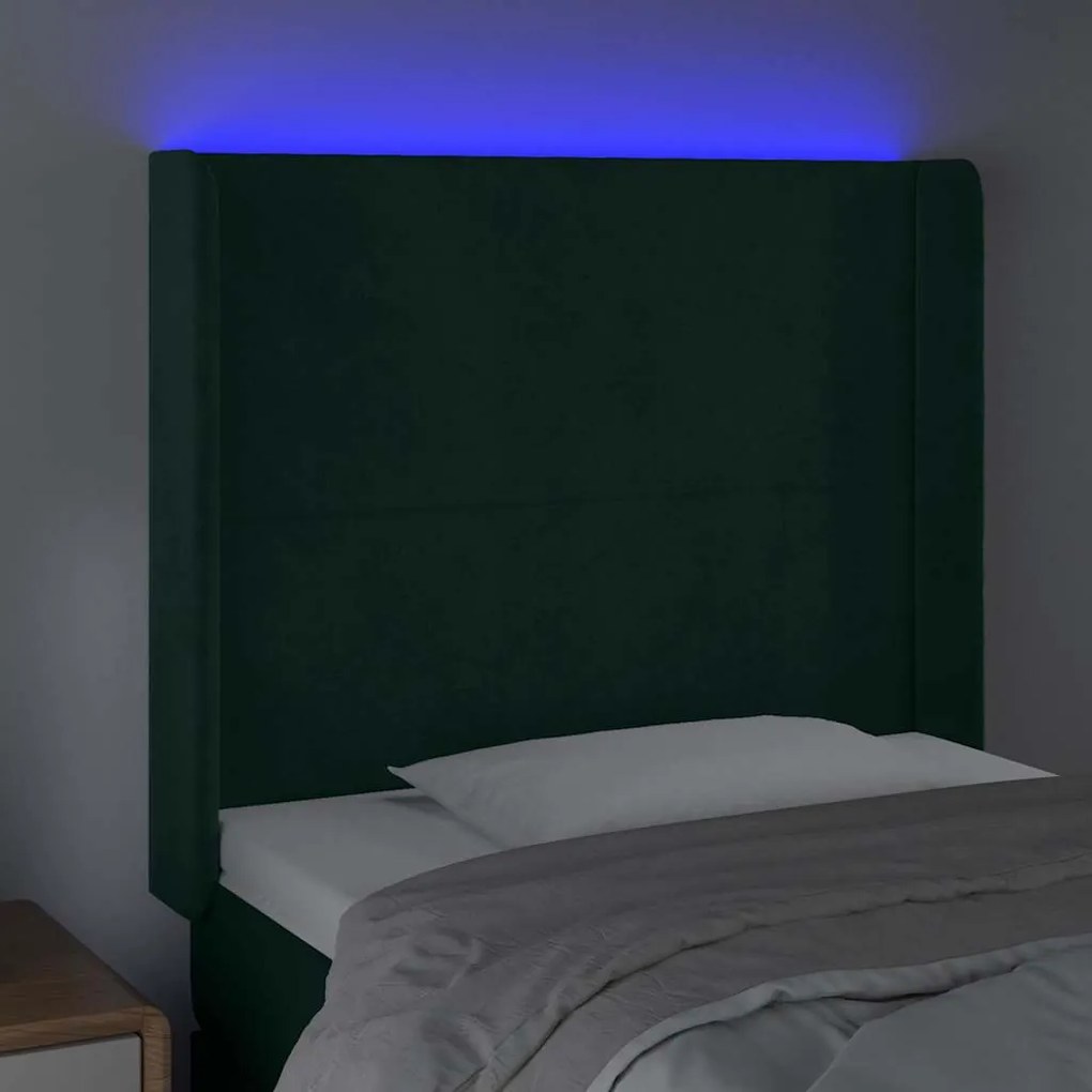 Čelo postele s LED tmavě zelené 83 x 16 x 118/128 cm samet 3123801