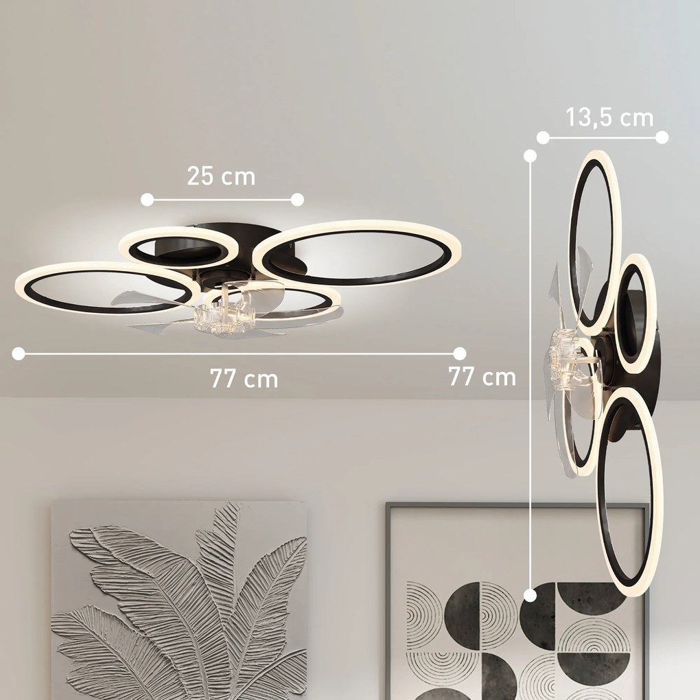 HOMCOM LED stropní ventilátor se světlem, tichý 30" (77 cm) s dálkovým ovládáním — 6 rychlostí, 3 teploty světla, DC motor, časovač — černý