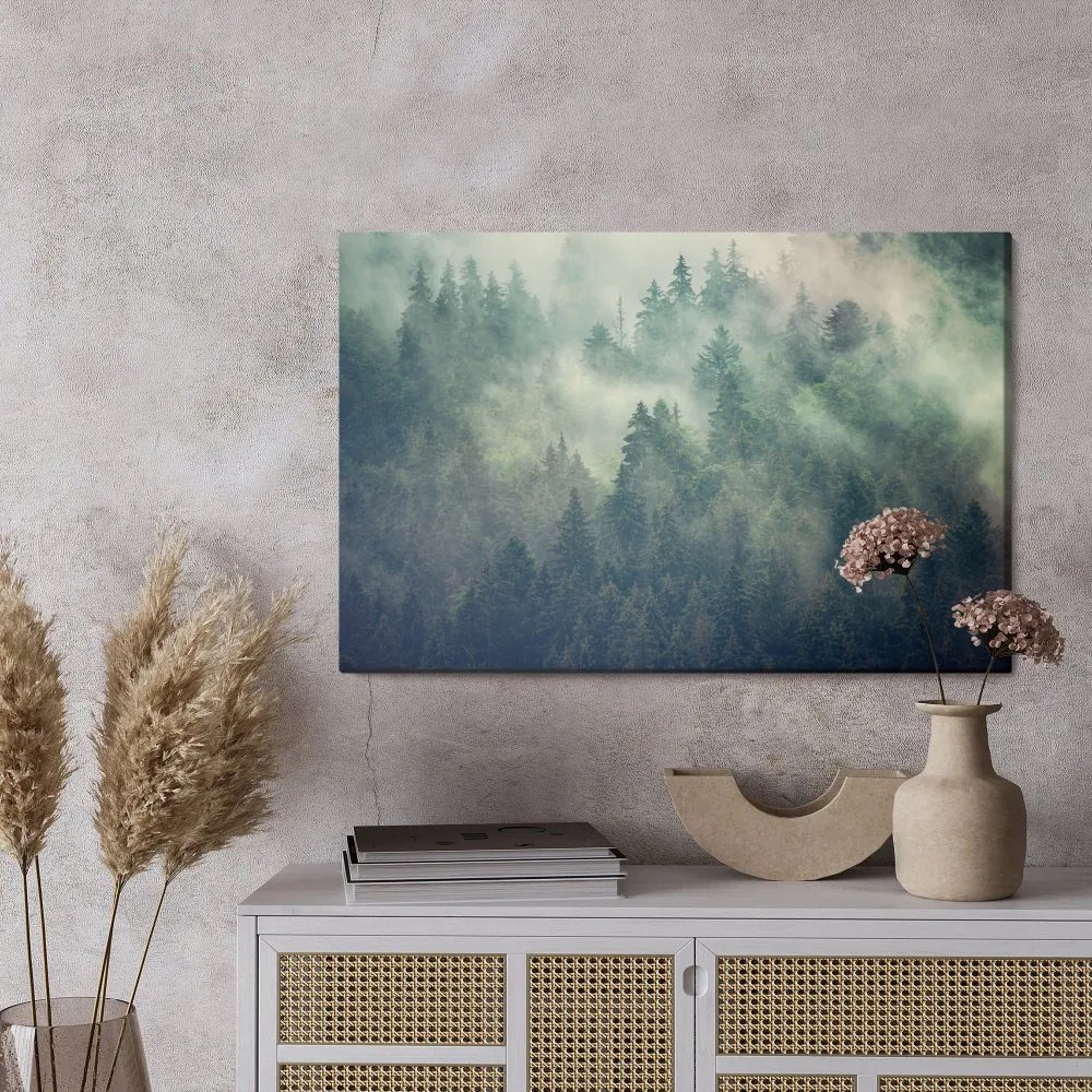 Obraz Misty Landscape With Fir Forest In Hipster Vintage Retro Style Nedostatek Nedostatek Přírodní plátno 70x50