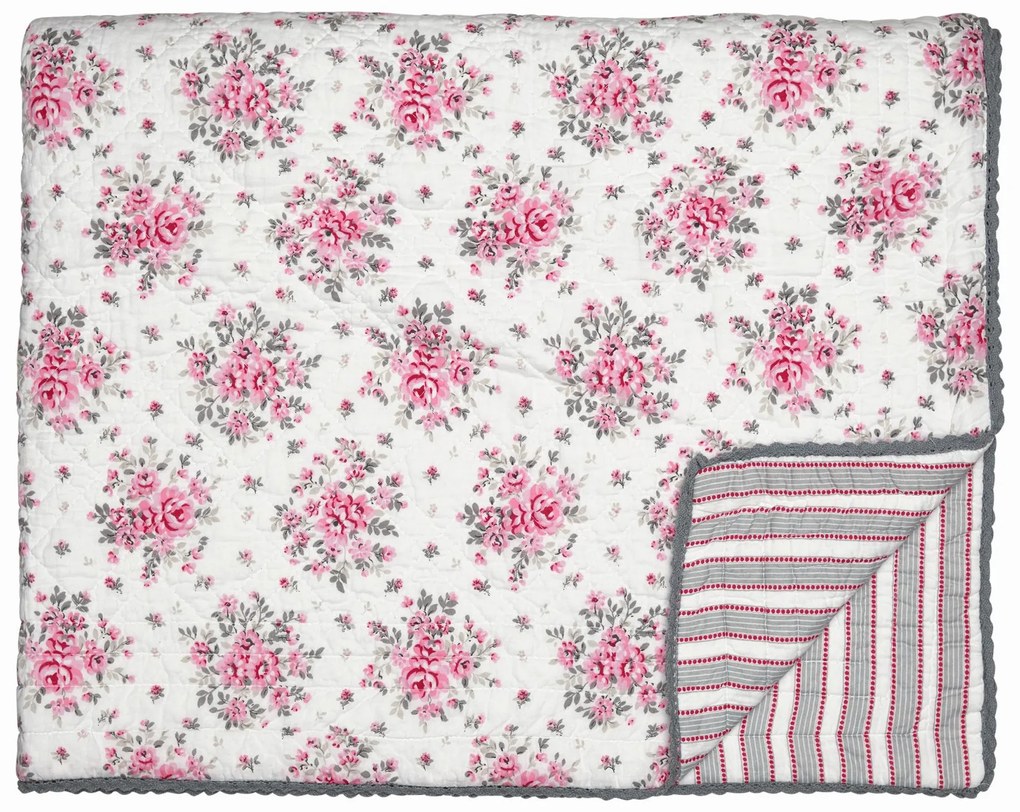 GREEN GATE Prošívaný přehoz Flora white 140x220 cm, růžová barva, bílá barva, textil