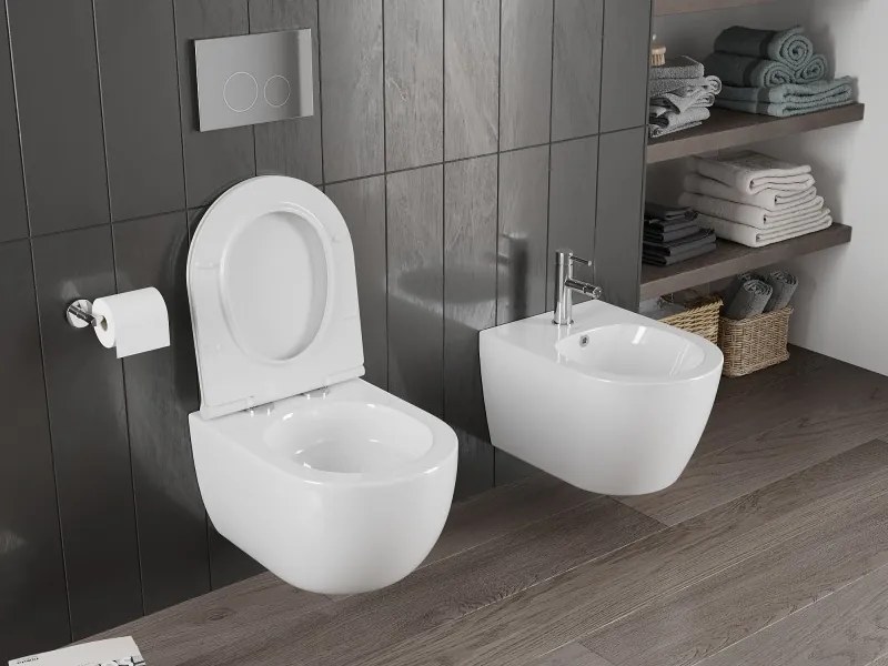 Mexen Carmen, závěsná WC mísa 490x365x340 mm, Rimless Tornádo + WC sedátko z duroplastu, bílá lesklá, 30880500T