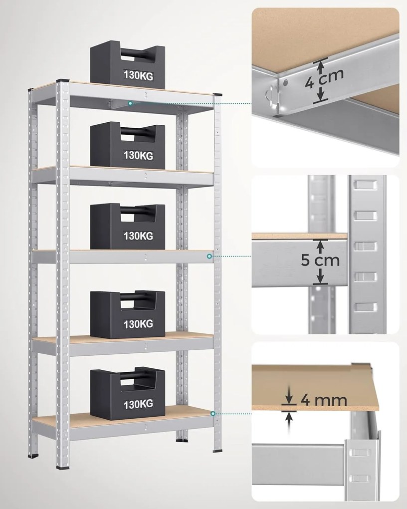 5patrový policový systém, ocelový policový systém pro úložné účely, bezšroubová montáž, nosnost 650 kg, 30 x 75 x 150 cm, stříbrná