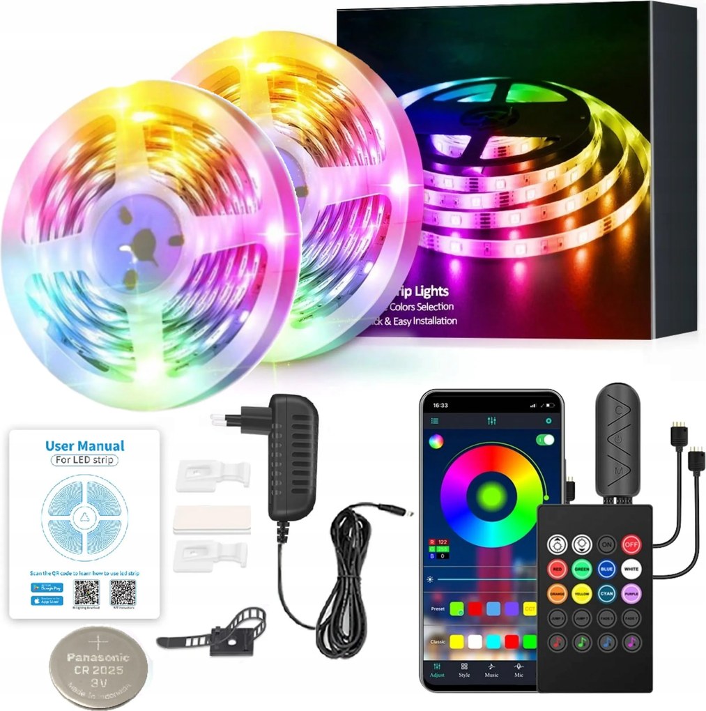 Led pásek Rgb Hudba Mobilní aplikace Bluetooth Dálkový Ovladač Napájecí adaptér Sada 20 m
