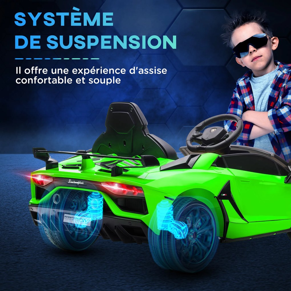 HOMCOM Dětské elektrické auto, Lamborghini Aventador SVJ, 12V s křídly, LED dálkovým ovládáním, hudbou, USB, rychlostí 3-5 km/h, zelené