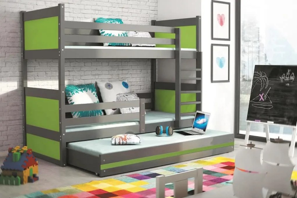 Patrová postel FIONA 3 + matrace + rošt ZDARMA, 80x190 cm, grafit, zelená